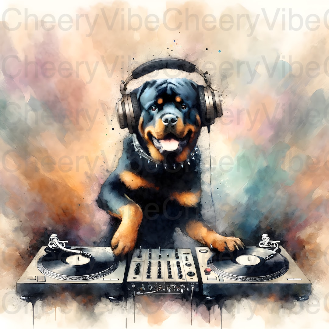 Dog Wall Art Printable Dj Rottweiler Dog on Turntables Watercolor Art ...
