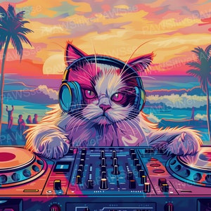 Cat Wall Art Printable DJ Ragdoll Cat on Turntables Pop Art Digital ...