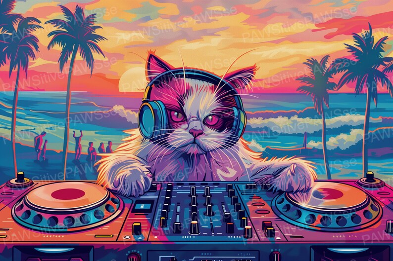 Cat Wall Art Printable DJ Ragdoll Cat on Turntables Pop Art Digital ...