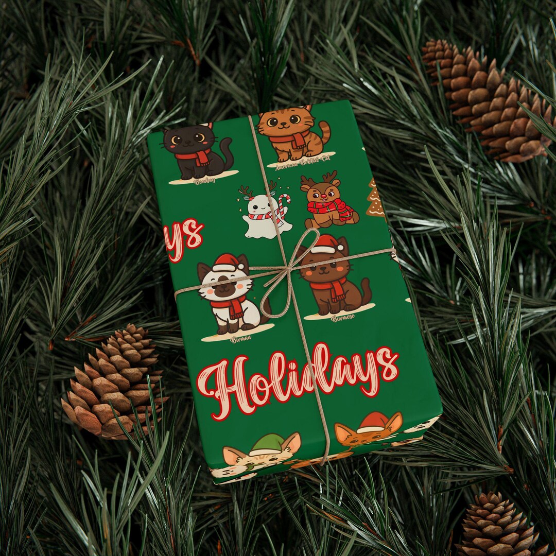 Holiday Cats Wrapping Paper Kawaii Kitten Christmas Gift Wrap Whimsical ...