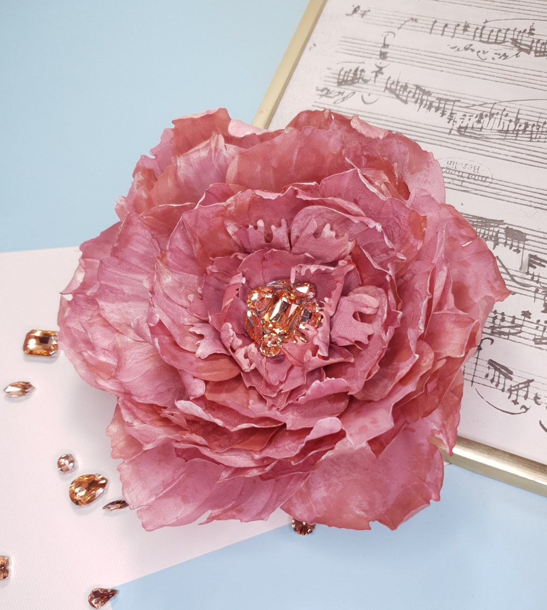 Large Flower Brooch Pink Silk Flower Brooch Statement Brooch Rhinestone ...