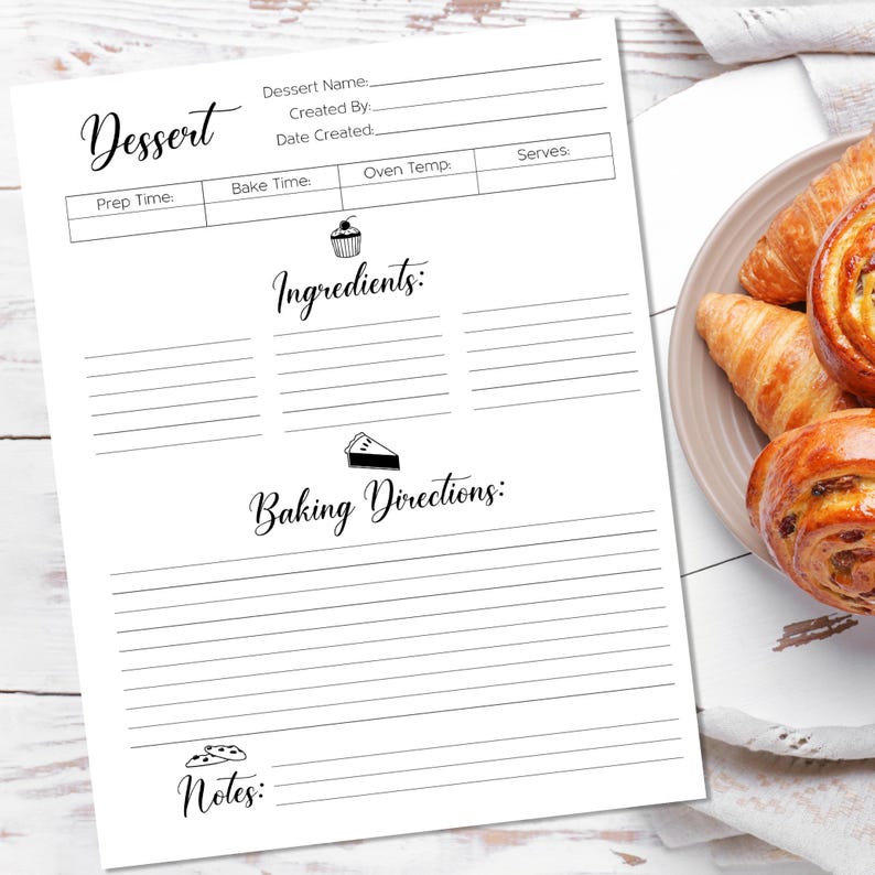 Printable Dessert Recipe Template Insert, 3 Ring Recipe Sheet Baking ...