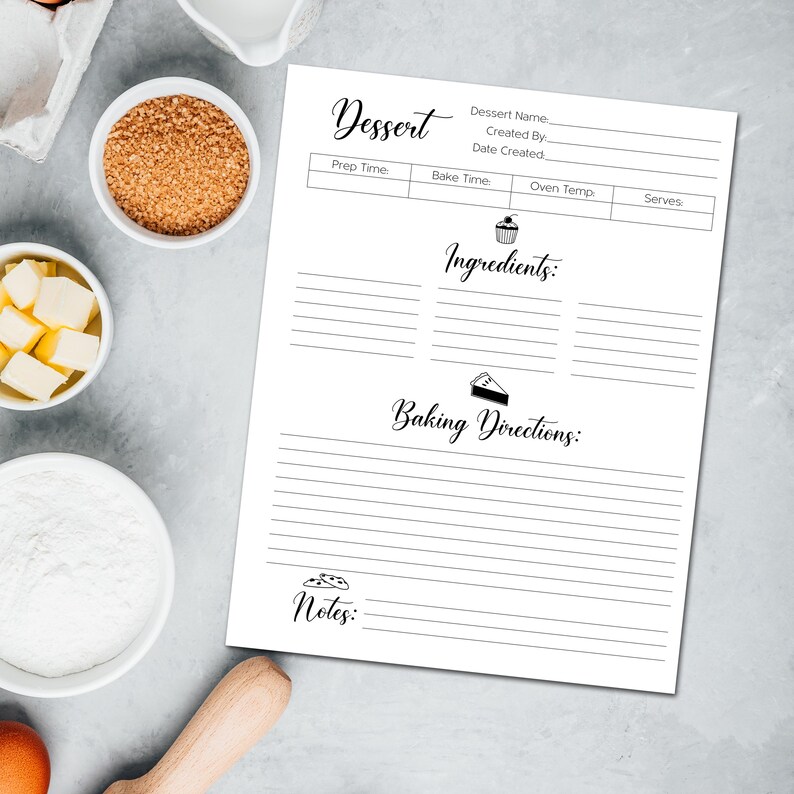 Printable Dessert Recipe Template Insert, 3 Ring Recipe Sheet Baking ...