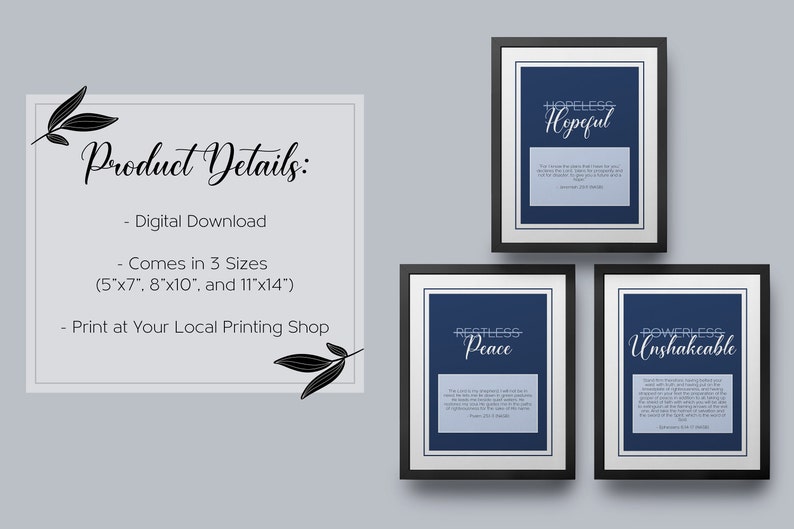 3 Piece Wall Art Set of 3 Prints Navy Blue Bible Verse - Etsy