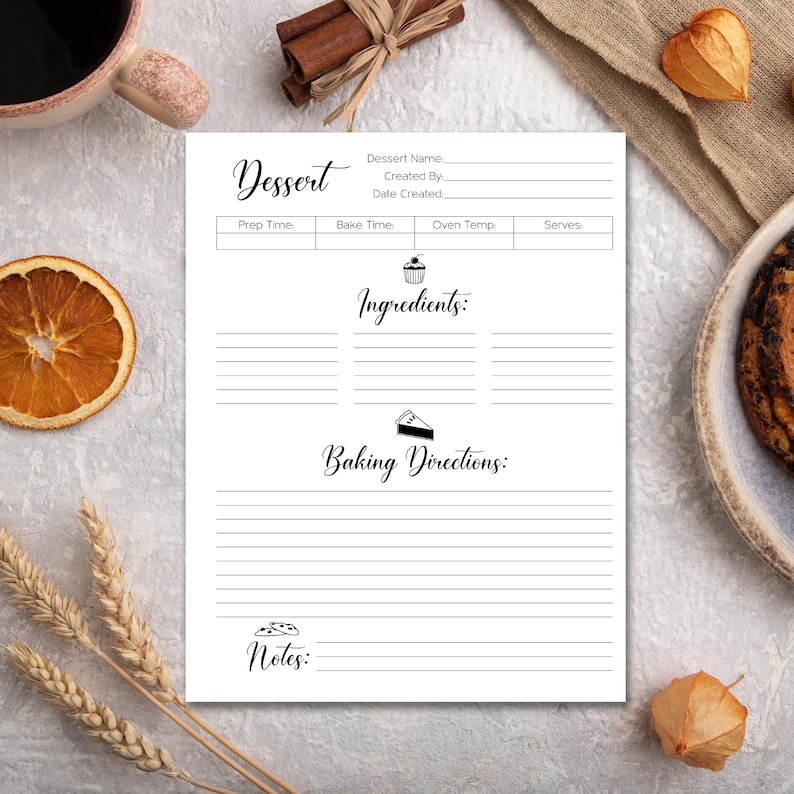 Printable Dessert Recipe Template Insert, 3 Ring Recipe Sheet Baking ...