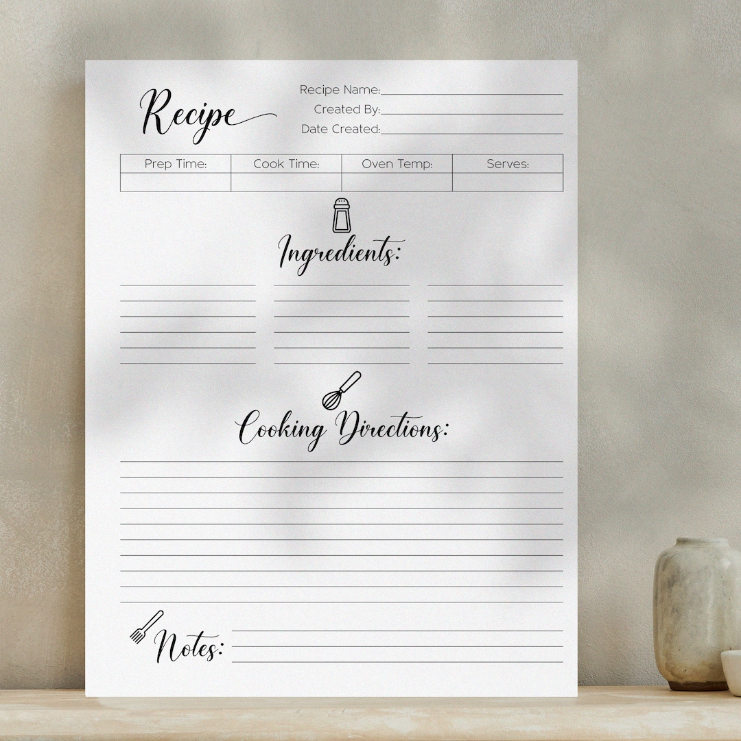 Printable Blank Recipe Book Template Insert, 3 Ring Recipe Sheet ...