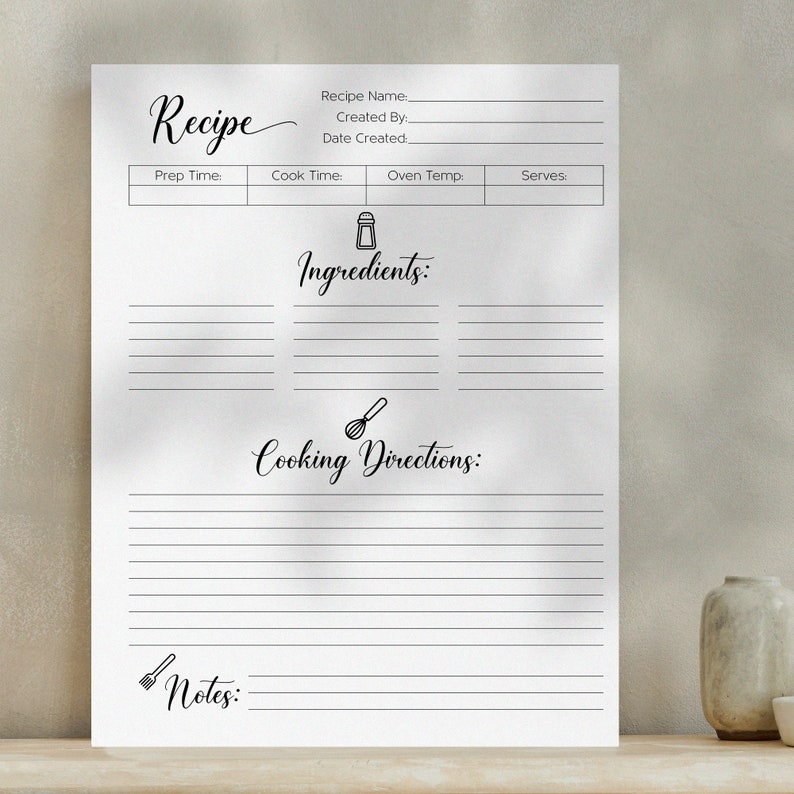 Printable Blank Recipe Book Template Insert, 3 Ring Recipe Sheet ...