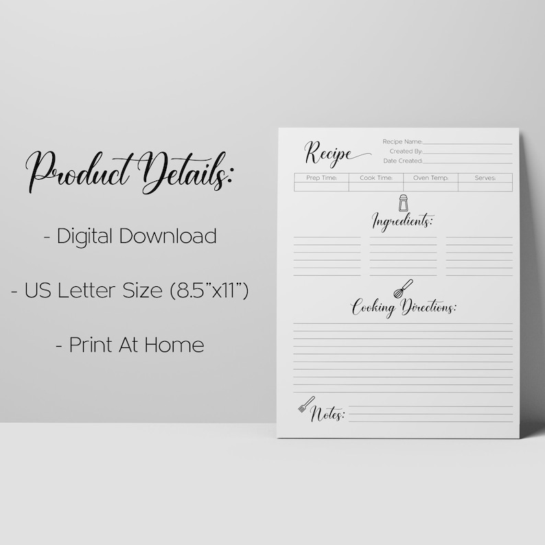 Printable Blank Recipe Book Template Insert, 3 Ring Recipe Sheet ...