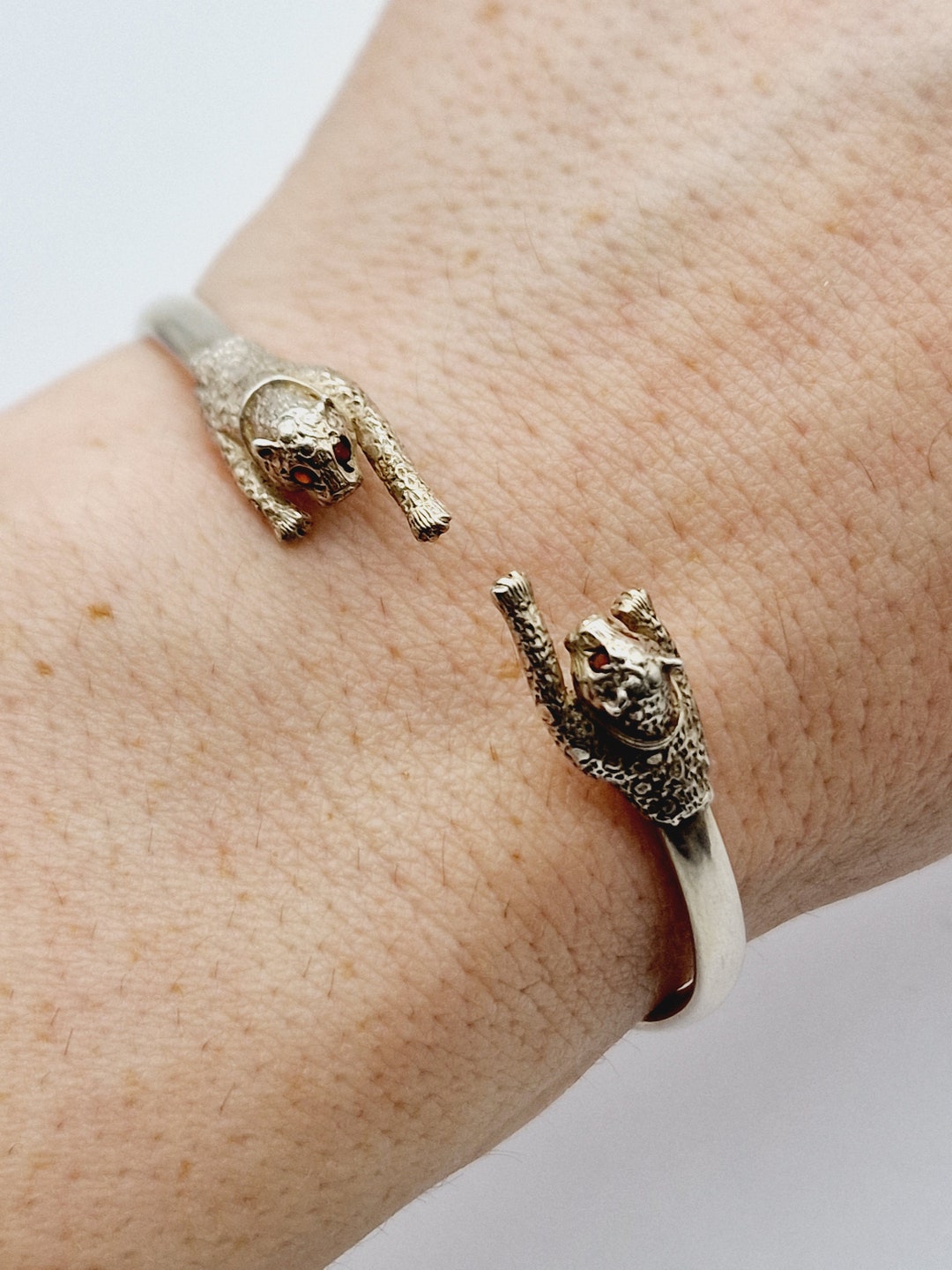 Vintage Sterling Silver Cat Cuff Bangle With Red Paste Eyes - Etsy