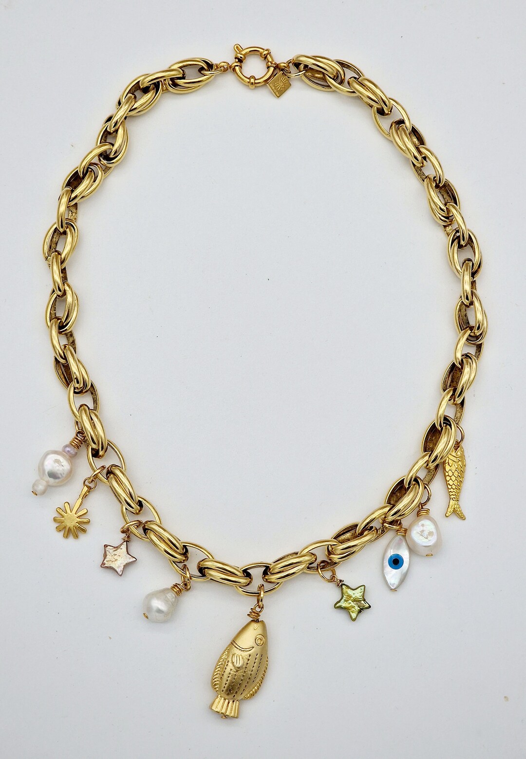 Wolf & Badger Chiara Pearl Gold Charm Statement Necklace Pre-loved - Etsy