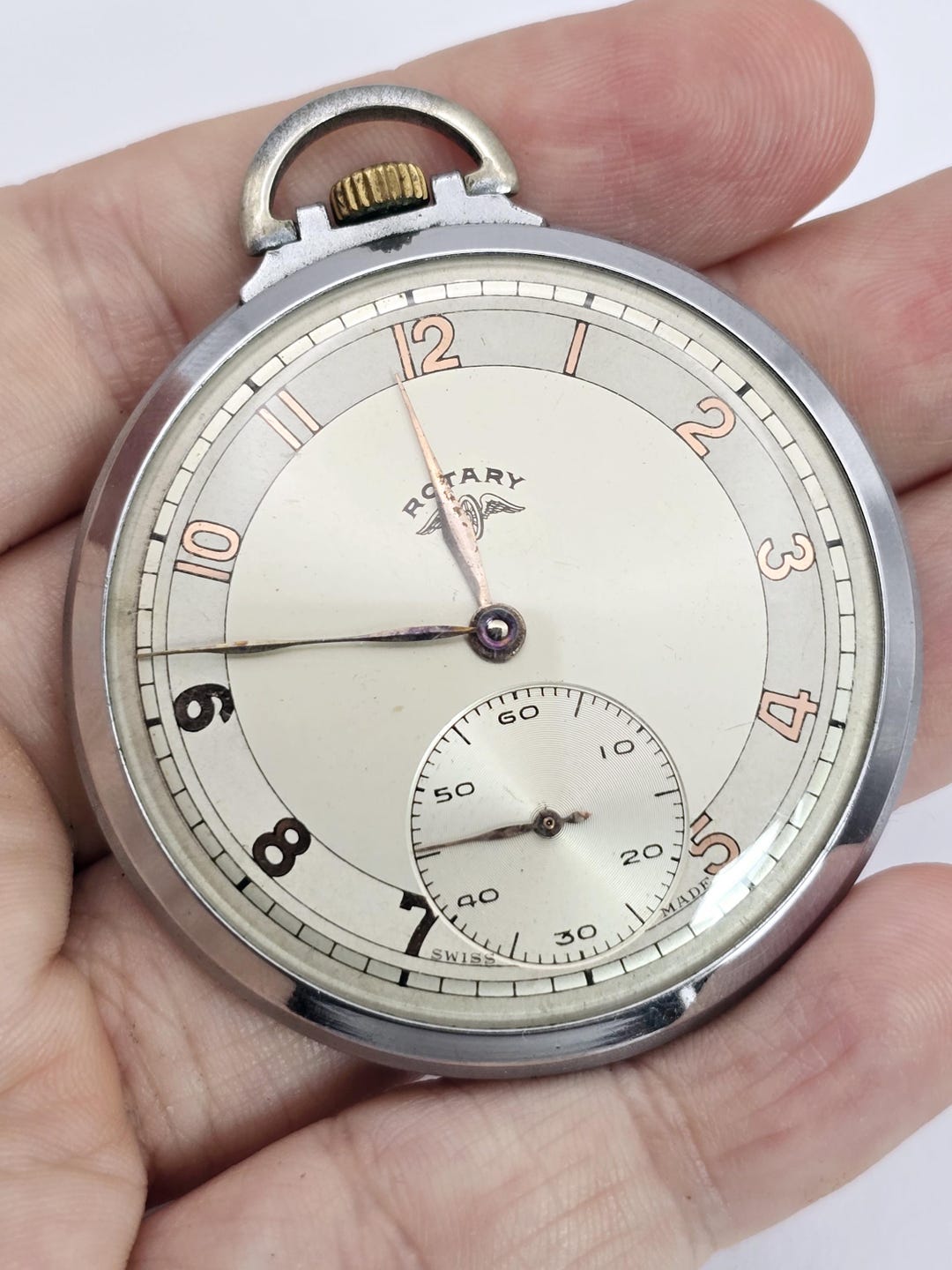 Vintage Wwll Era Swiss Made Chrome Plated Rotary Pocket Watch - Etsy
