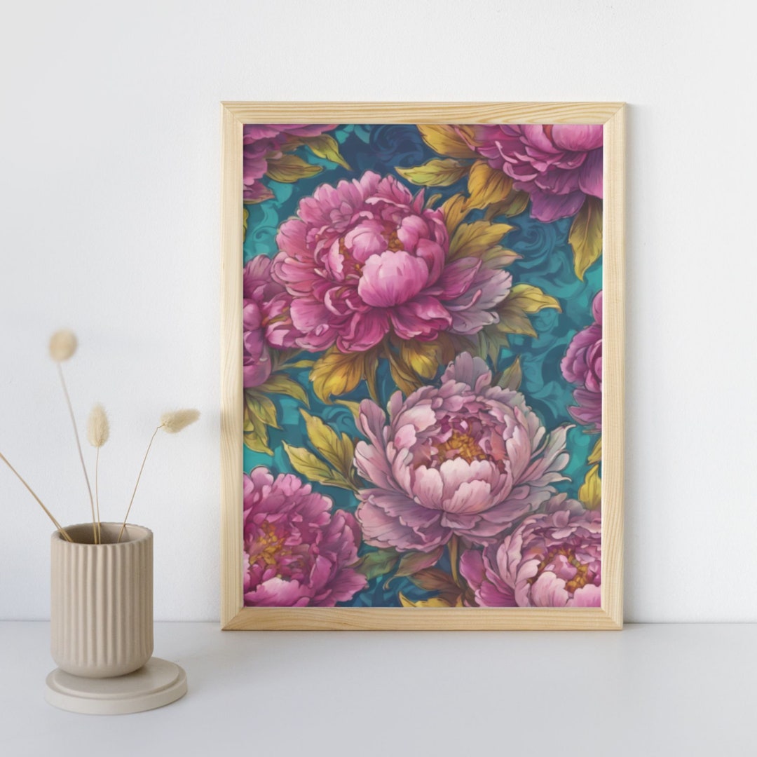 Peonies on Turquoise Printable Wall Picture. Beautiful Flowers, Wall ...