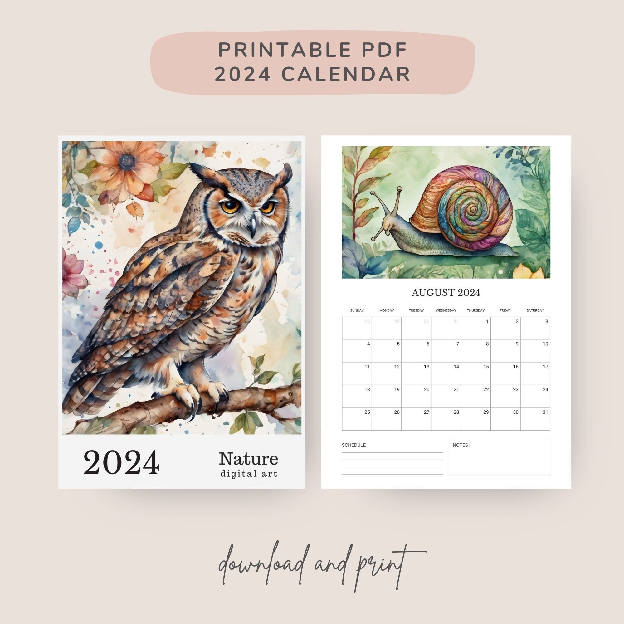 Nature Digital Art Printable 2024 Calendar PDF Vertical Wall - Etsy