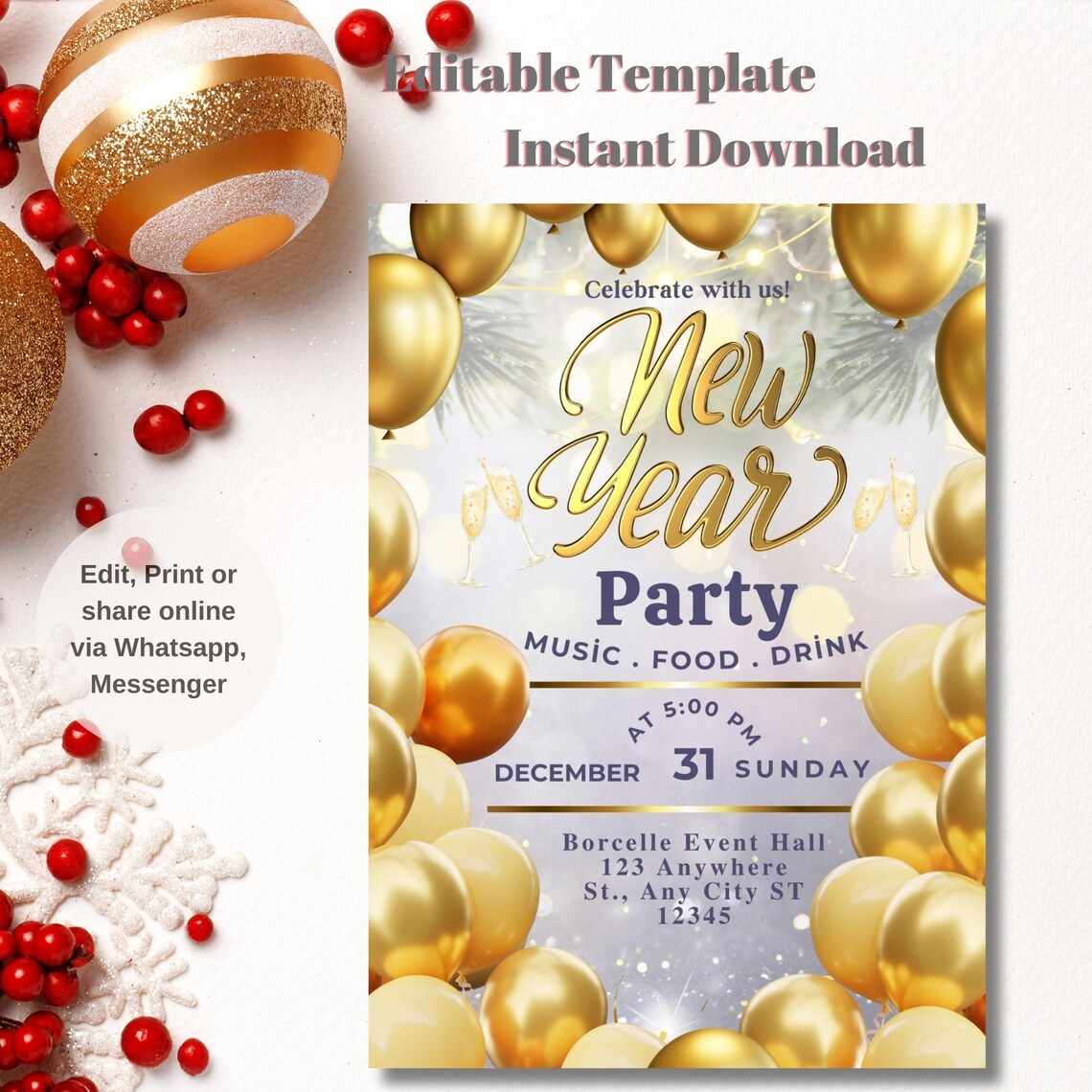 Editable New Years Eve Party Invitation. Holiday Party Invite. Blue ...