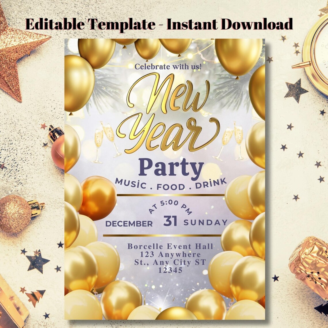 Editable New Years Eve Party Invitation. Holiday Party Invite. Blue ...