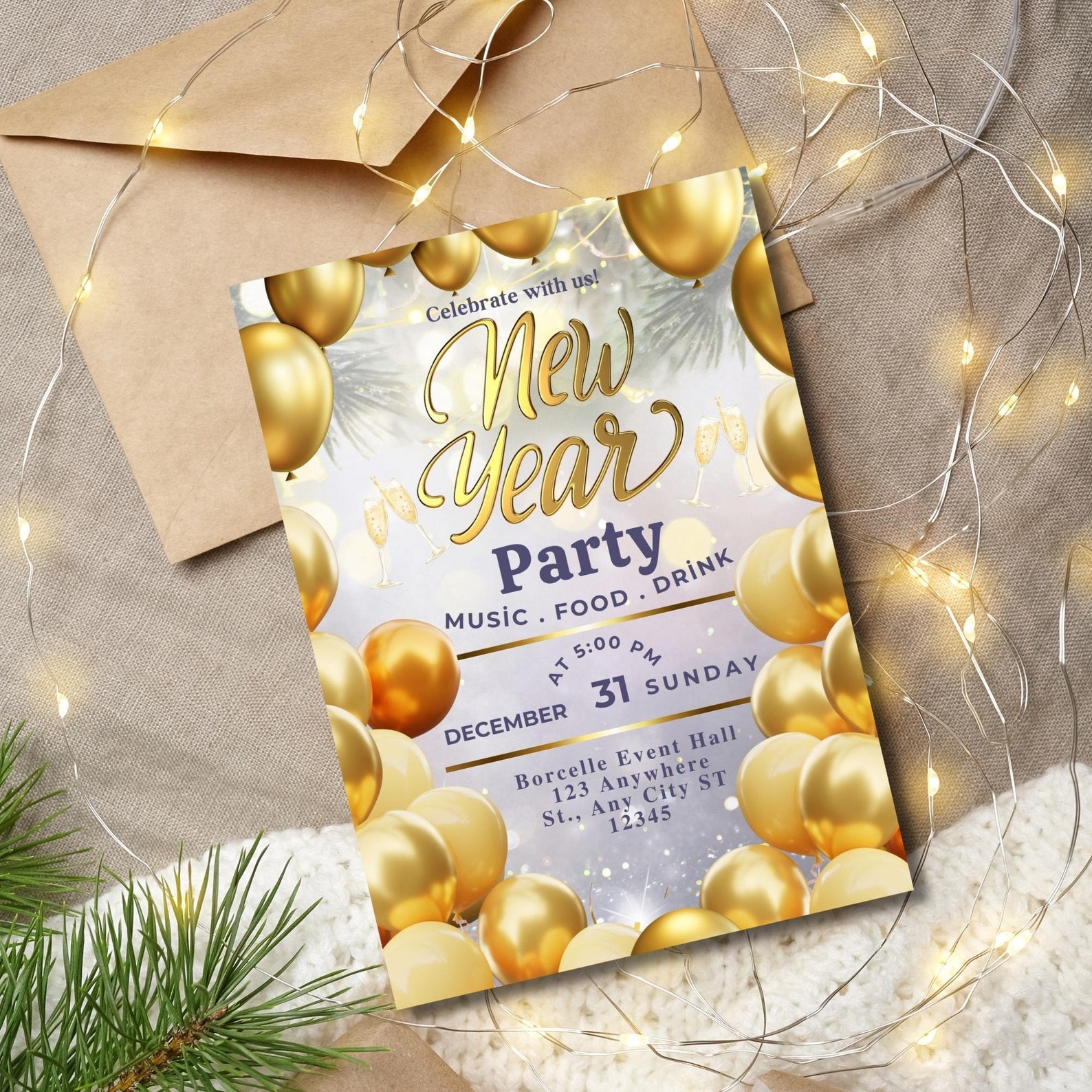 Editable New Years Eve Party Invitation. Holiday Party Invite. Blue ...