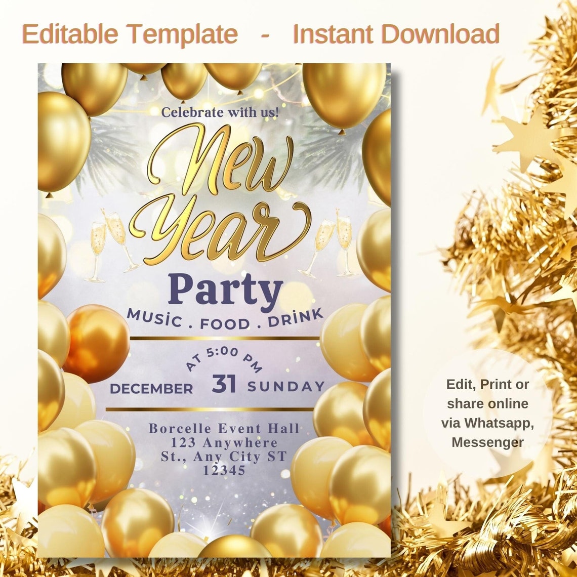 Editable New Years Eve Party Invitation. Holiday Party Invite. Blue ...