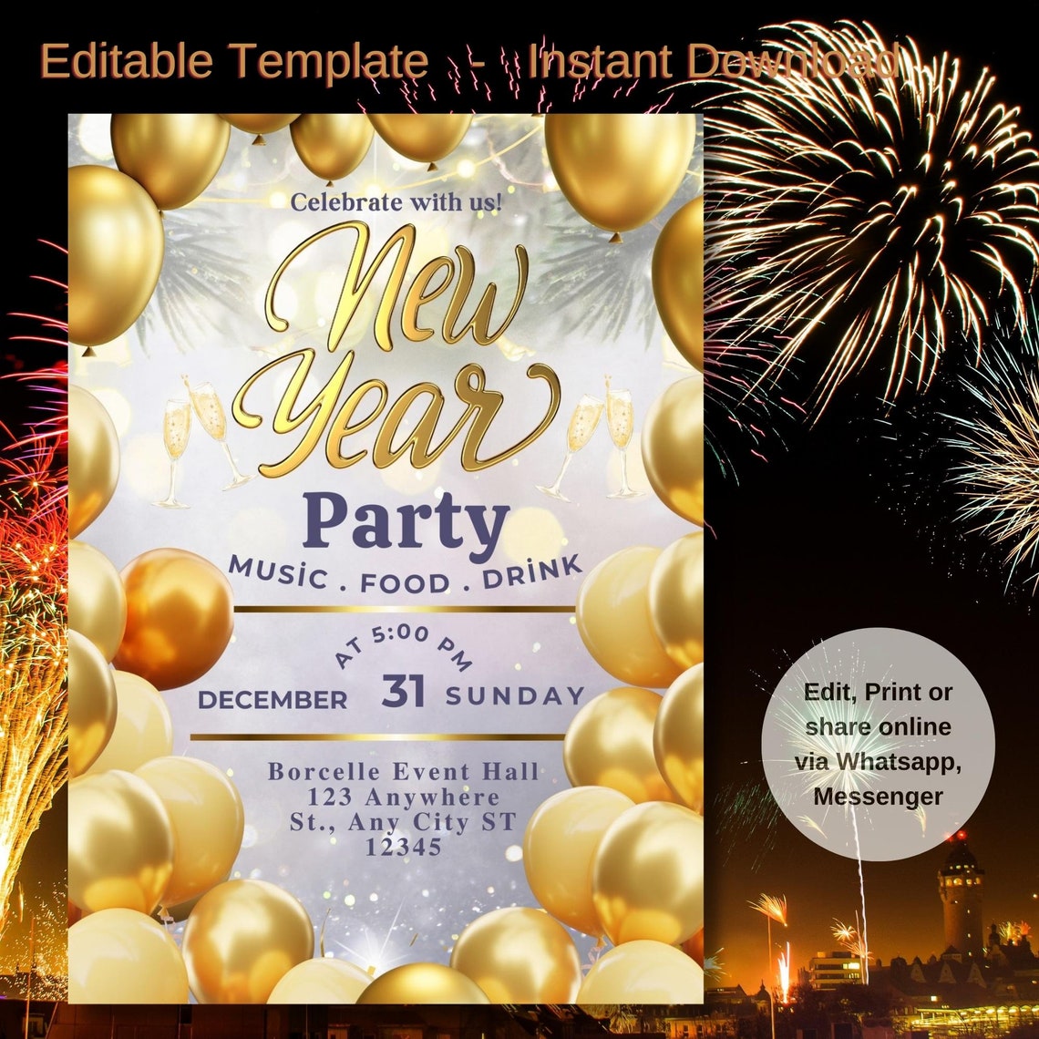 Editable New Years Eve Party Invitation. Holiday Party Invite. Blue ...