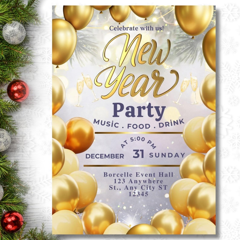 Editable New Years Eve Party Invitation. Holiday Party Invite. Blue ...