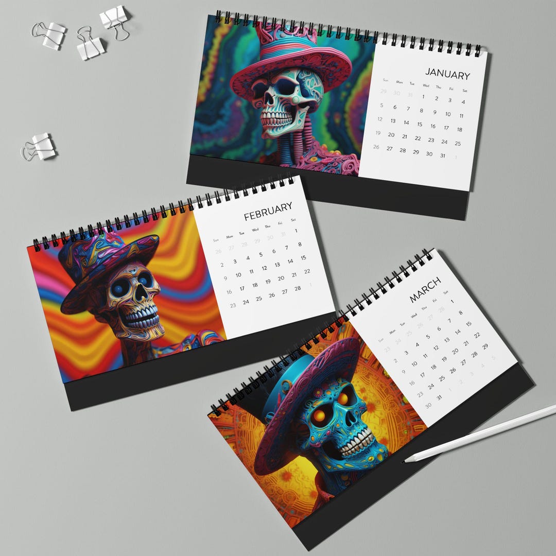 Skulls Adventure Style,desktop Calendar, 2025 Grid Dark Mode Print ...