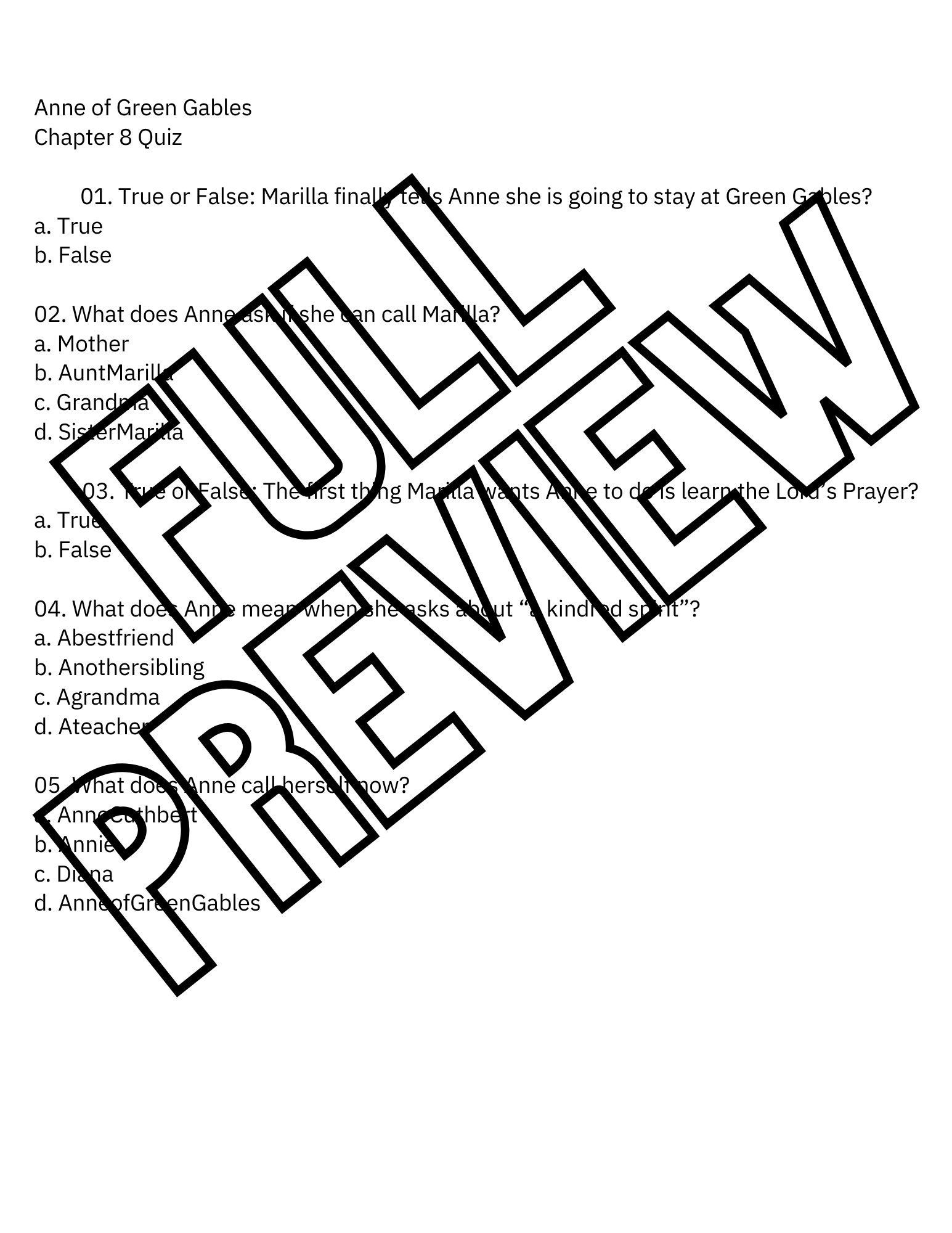 Anne of Green Gables Chapter Quizzes & Answer Key - Etsy