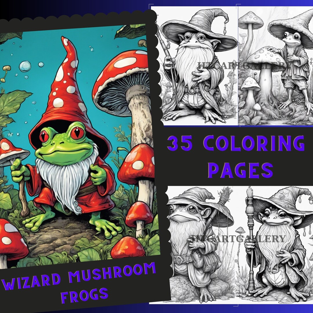 35 Magician Mushroom Frogs Coloring Pages, Grayscale Fantasy Coloring ...