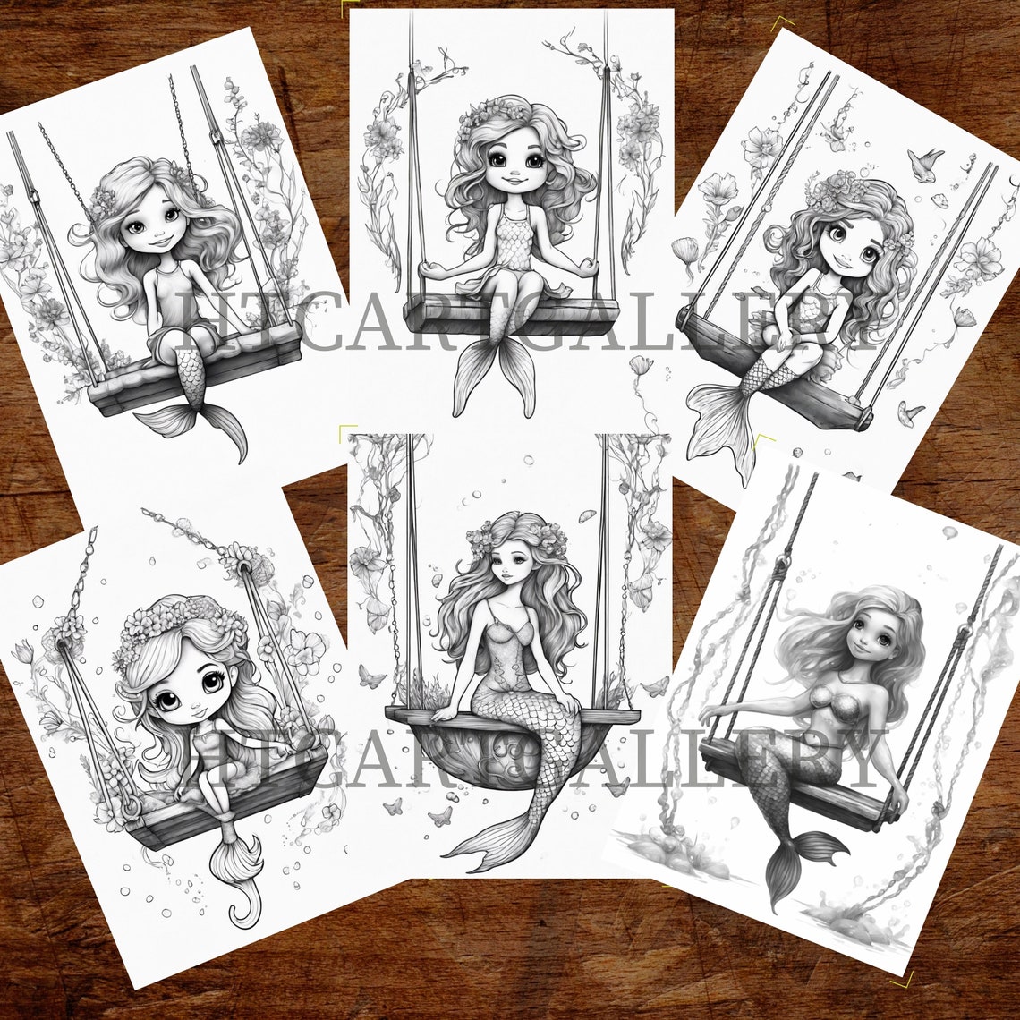 Adoroble Mermaids on the Swing Coloring Pages for Adults and Kids ...