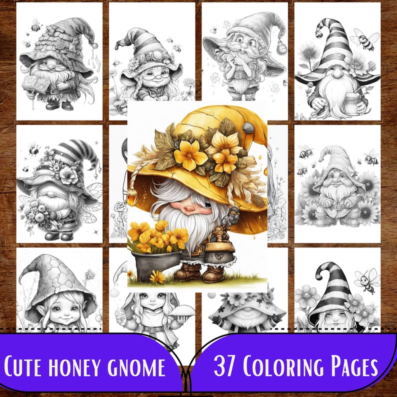 Cute Honey Gnome Coloring Pages for Kids & Adults, Fantasy Adorable ...