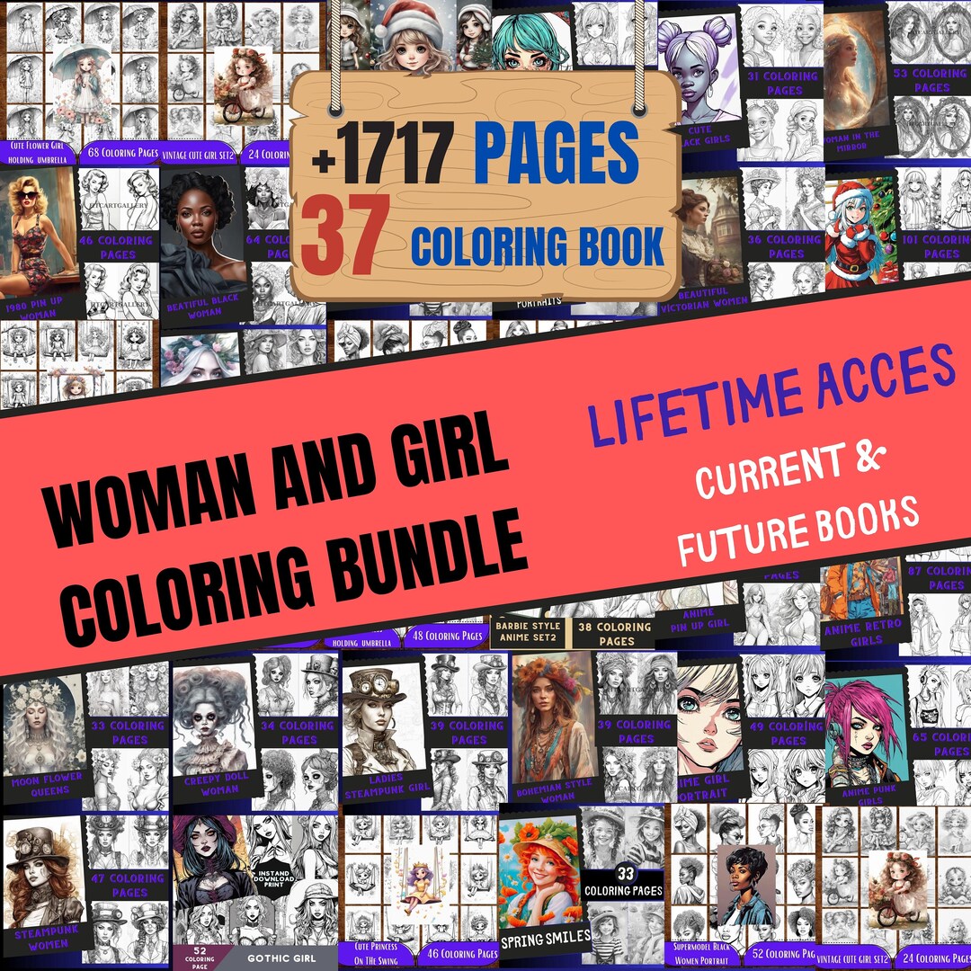 Woman and Gırl Bundle Coloring Pages,1717 Coloring Pages,37 Coloring Books,grayscale Coloring ...
