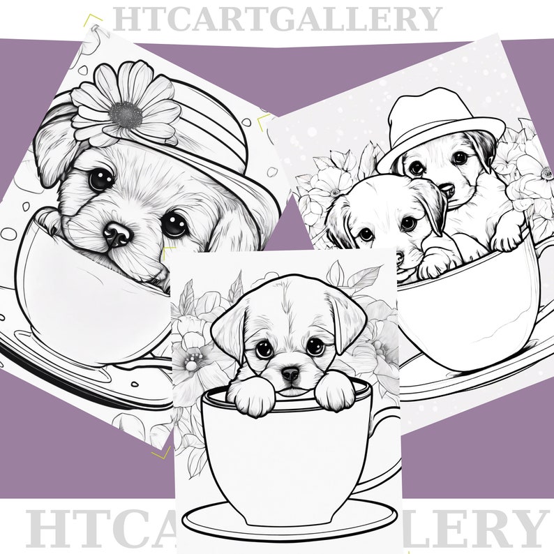 40 Cute Puppies in a Cup Coloring Book,dog Coloring Page,grayscale ...