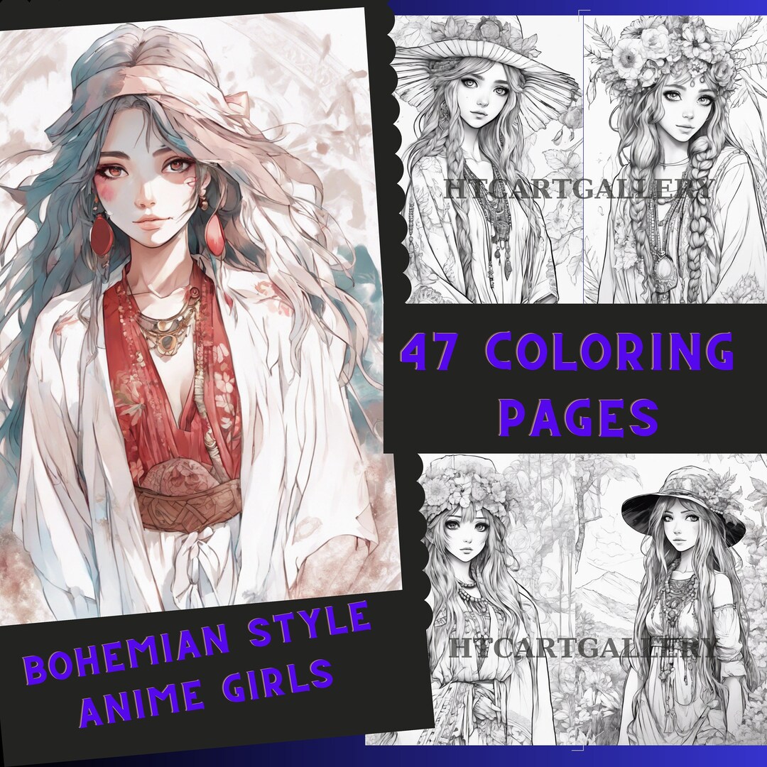 47 Bohemian Style Anime Girls Coloring Book, Printable PDF, Boho Rustic ...