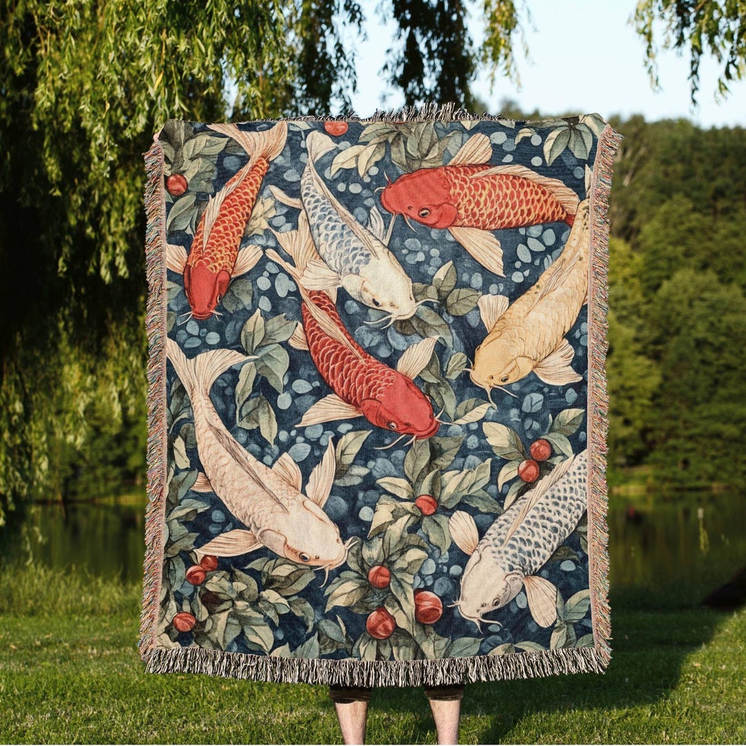 William Morris Style Koi Fish Woven Blanket,japanese Fish Throw,asian ...