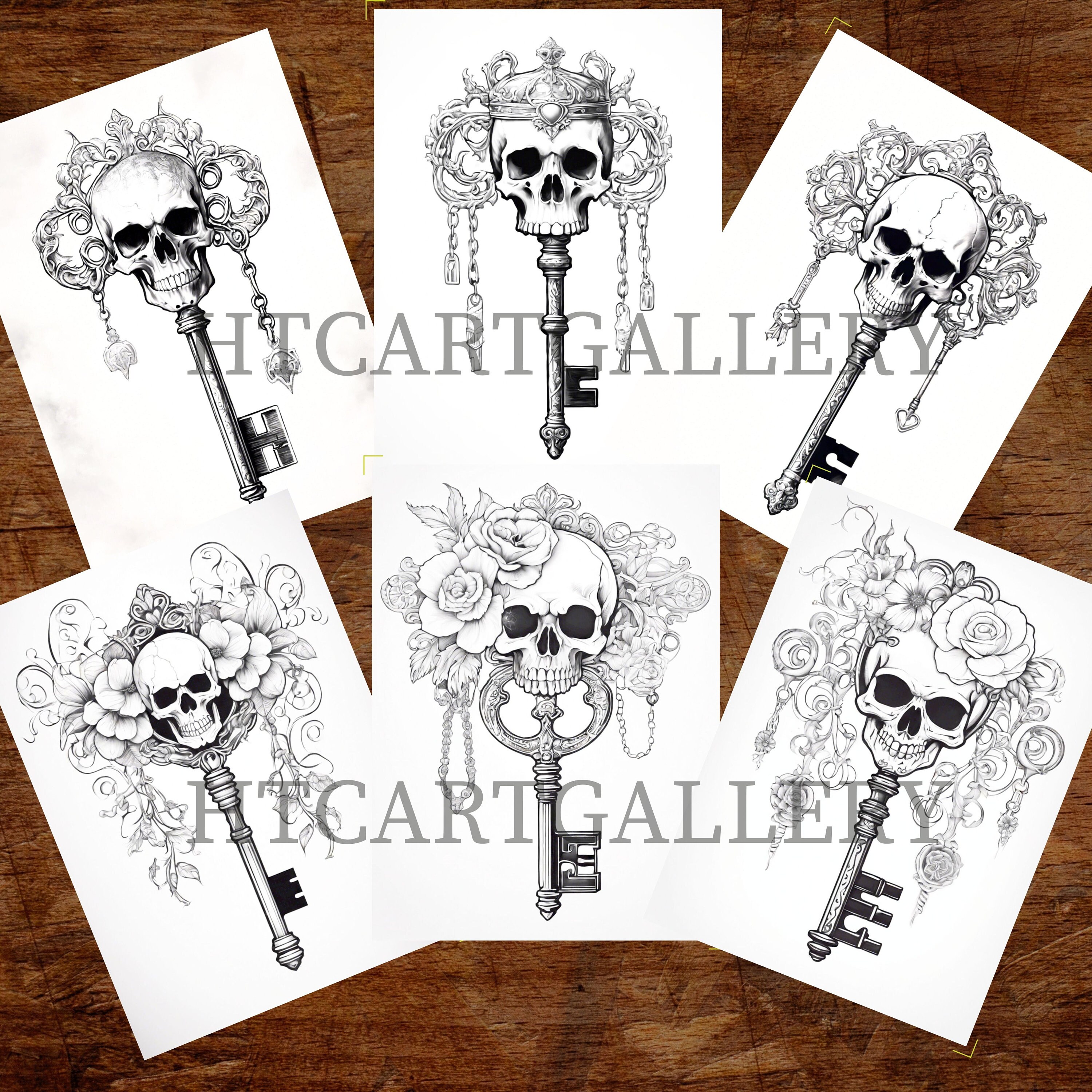 Fantasy Magical Keys Coloring Pages,flower, Skull,key and Heart Adult ...