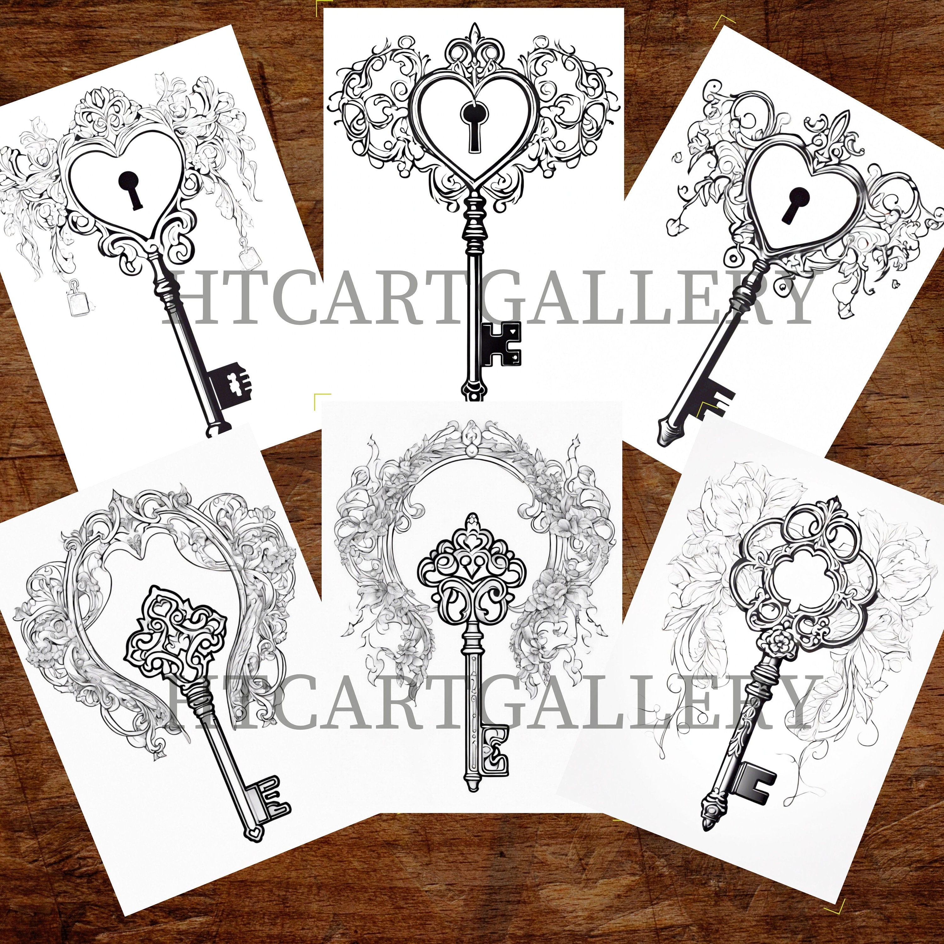 Fantasy Magical Keys Coloring Pages,flower, Skull,key and Heart Adult ...