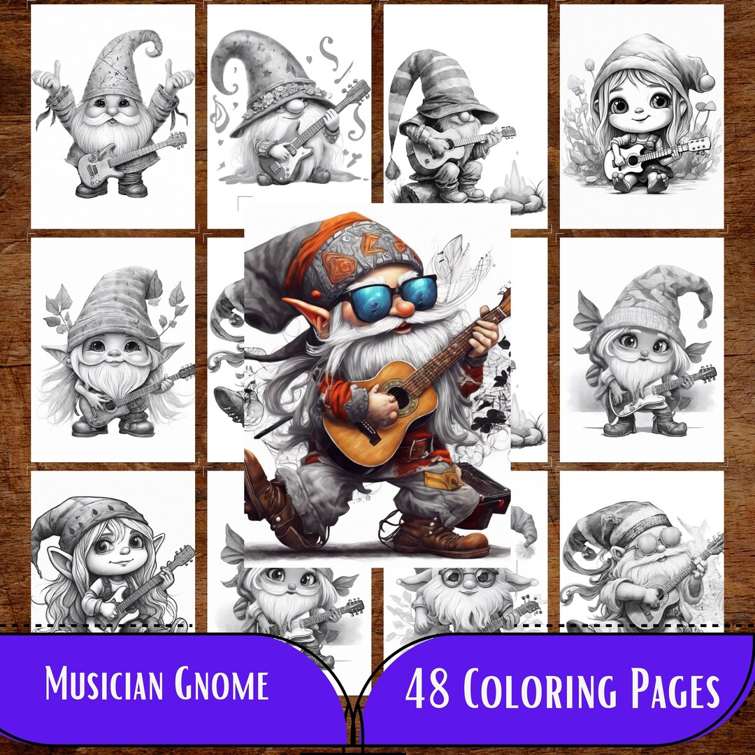 Cute Musician Gnome Coloring Pages for Kids & Adults,fantasy Adorable ...