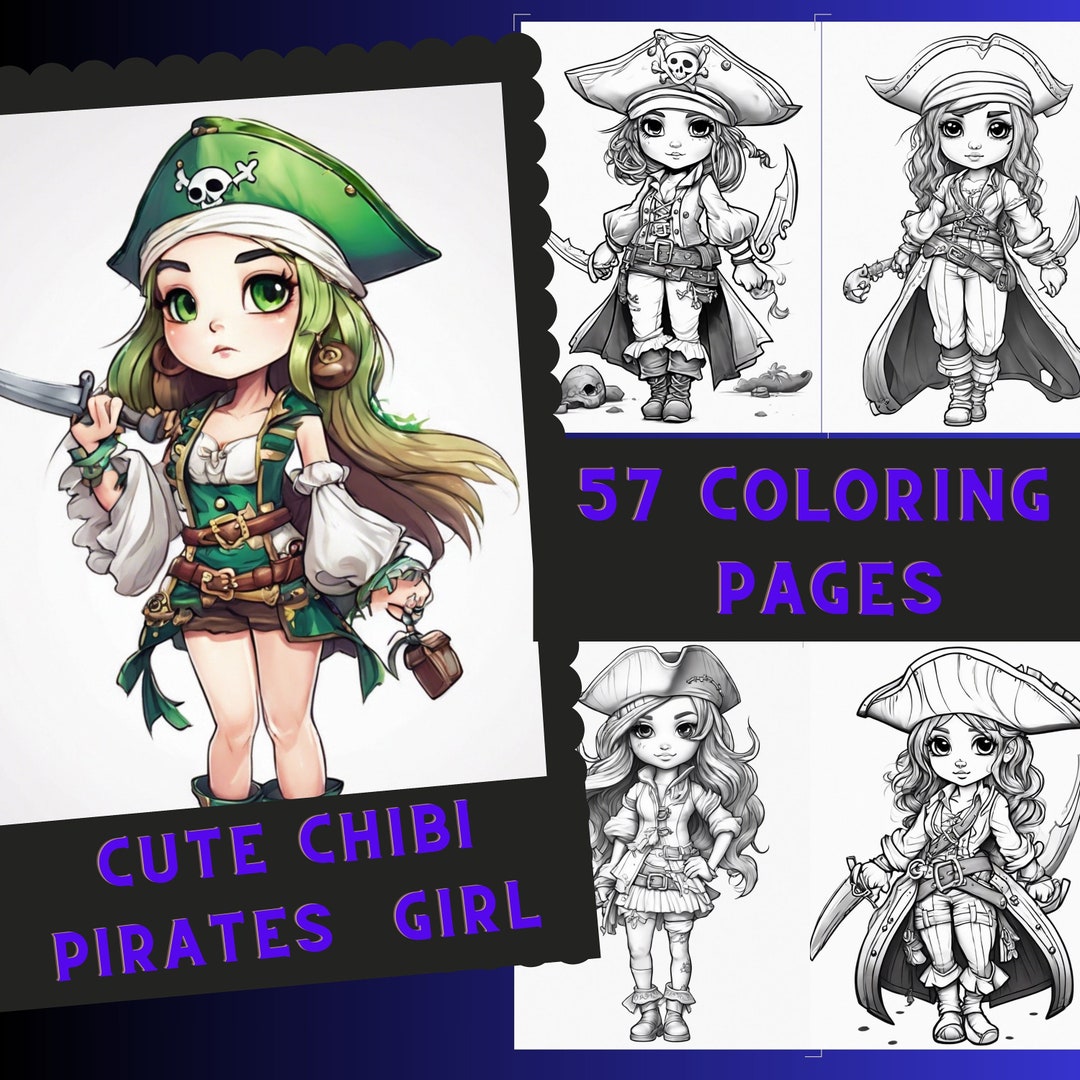 57 Cute Chibi Pirate Girls Coloring Book Page Cute Kawaii Manga Fantasy ...