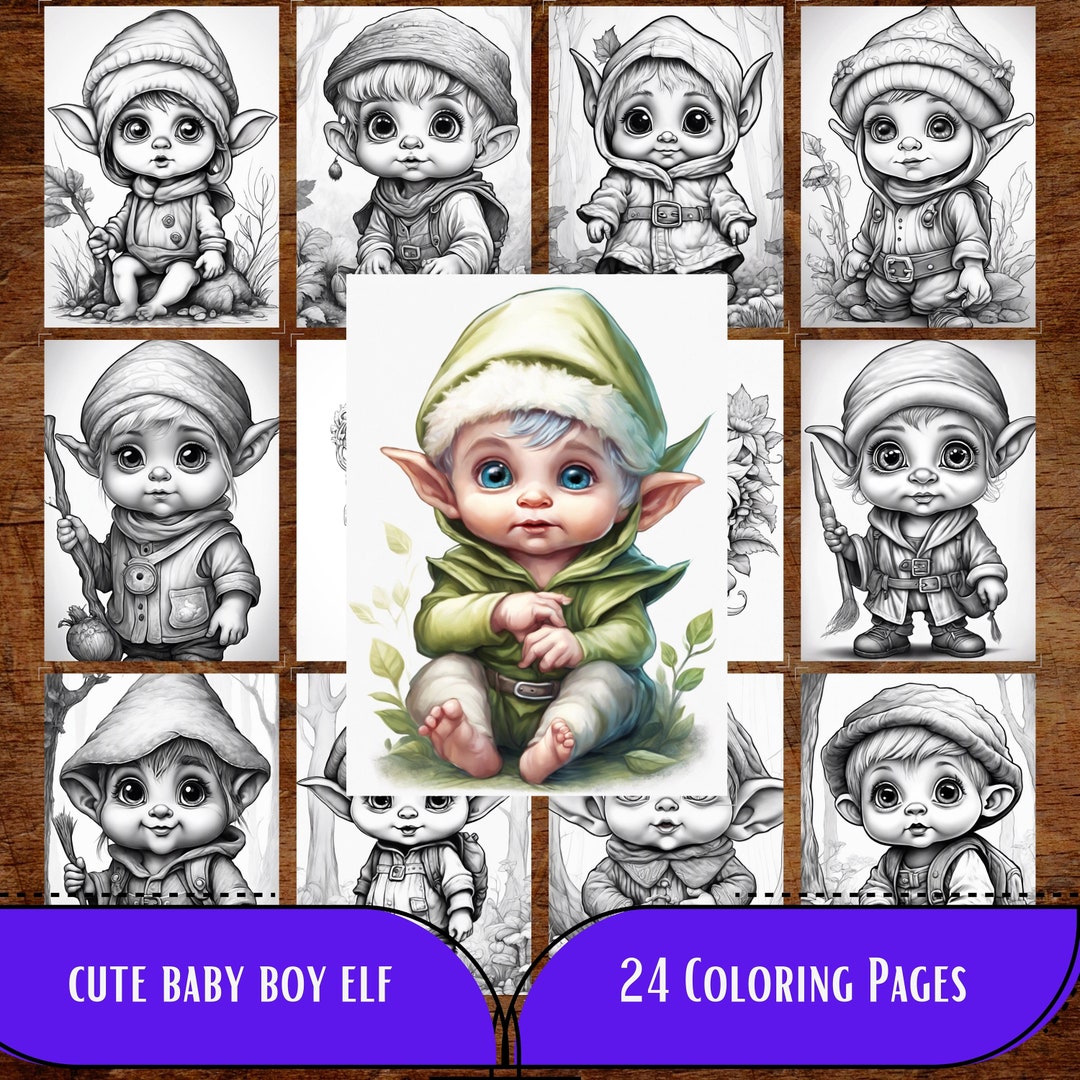 Cute Baby Boy Elf Coloring Book,fantasy Grayscale Magic Coloring Book ...