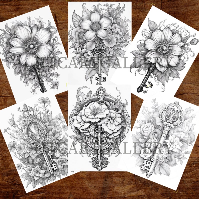 Fantasy Magical Keys Coloring Pages,flower, Skull,key and Heart Adult ...