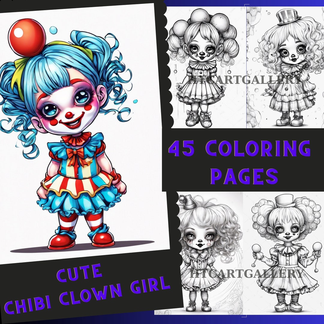 45 Cute Chibi Clown Girls Coloring Book, Printable PDF, Manga Coloring ...