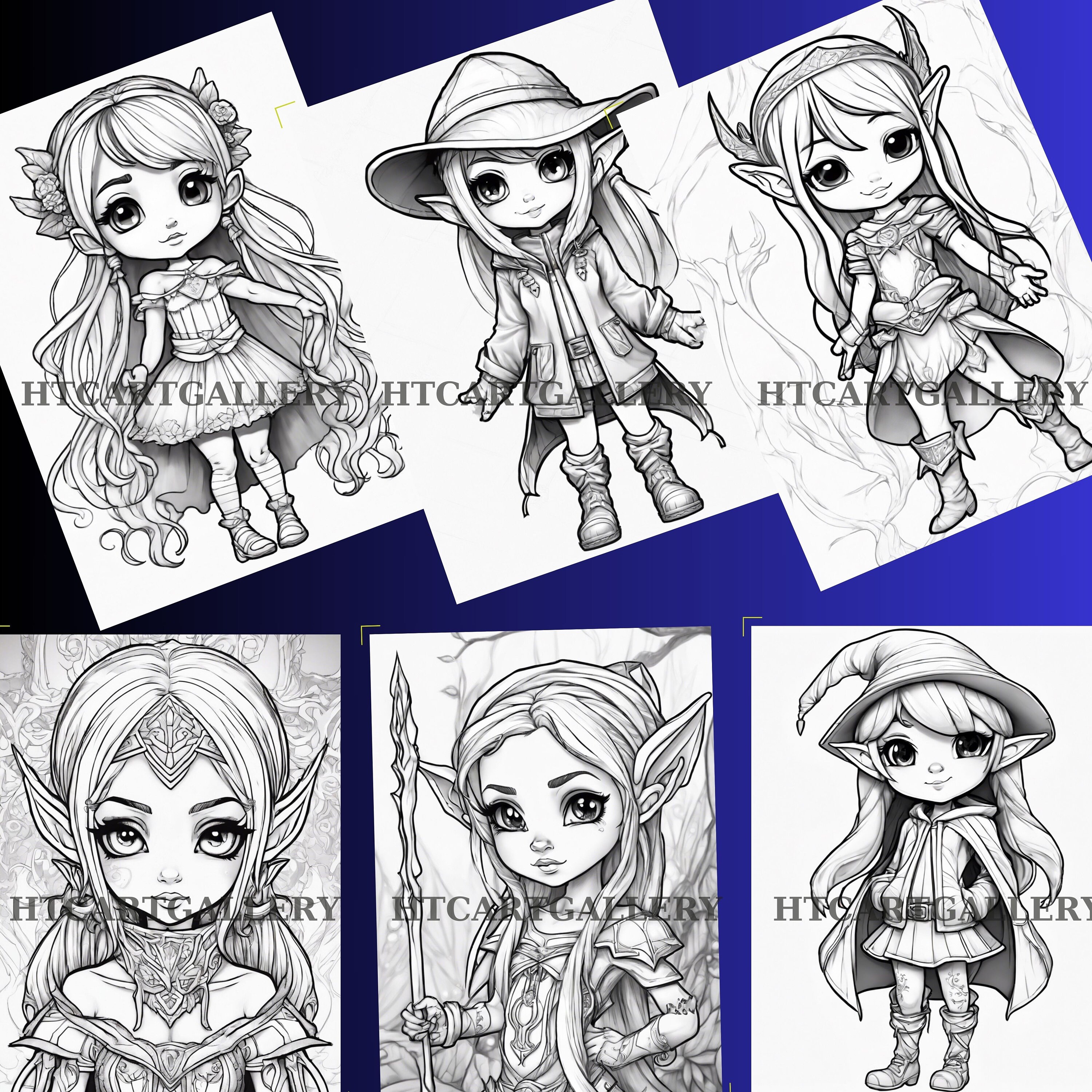 Anime Chibi Elf Girls Coloring Book Page,grayscale Manga Fantasy Famale ...