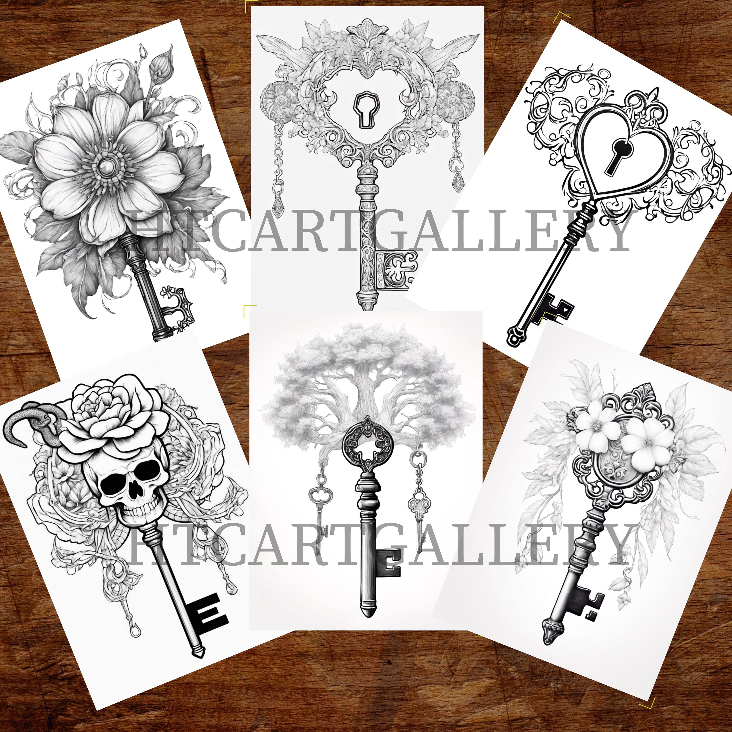 Fantasy Magical Keys Coloring Pages,flower, Skull,key and Heart Adult ...