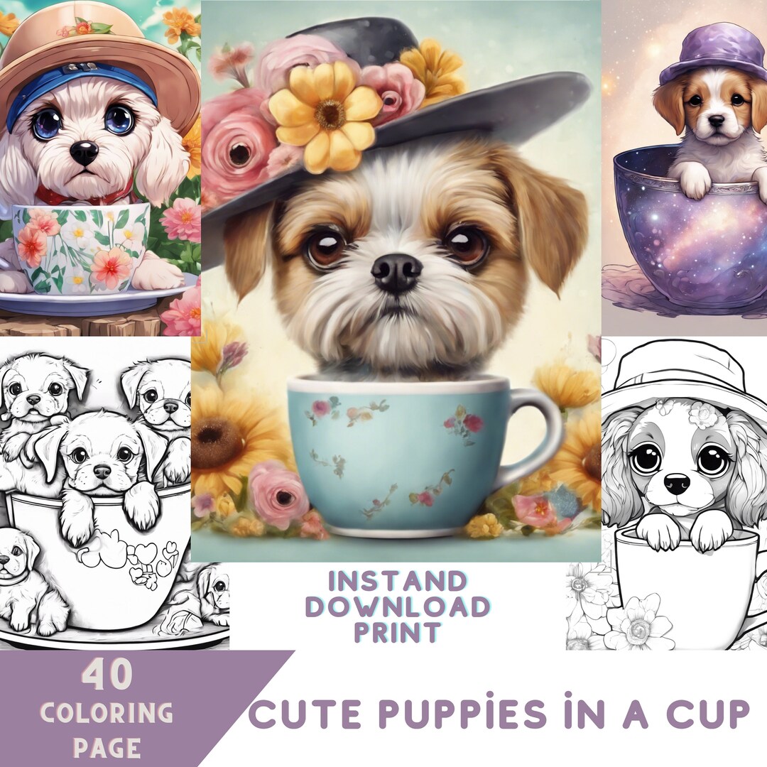 40 Cute Puppies in a Cup Coloring Book,dog Coloring Page,grayscale ...