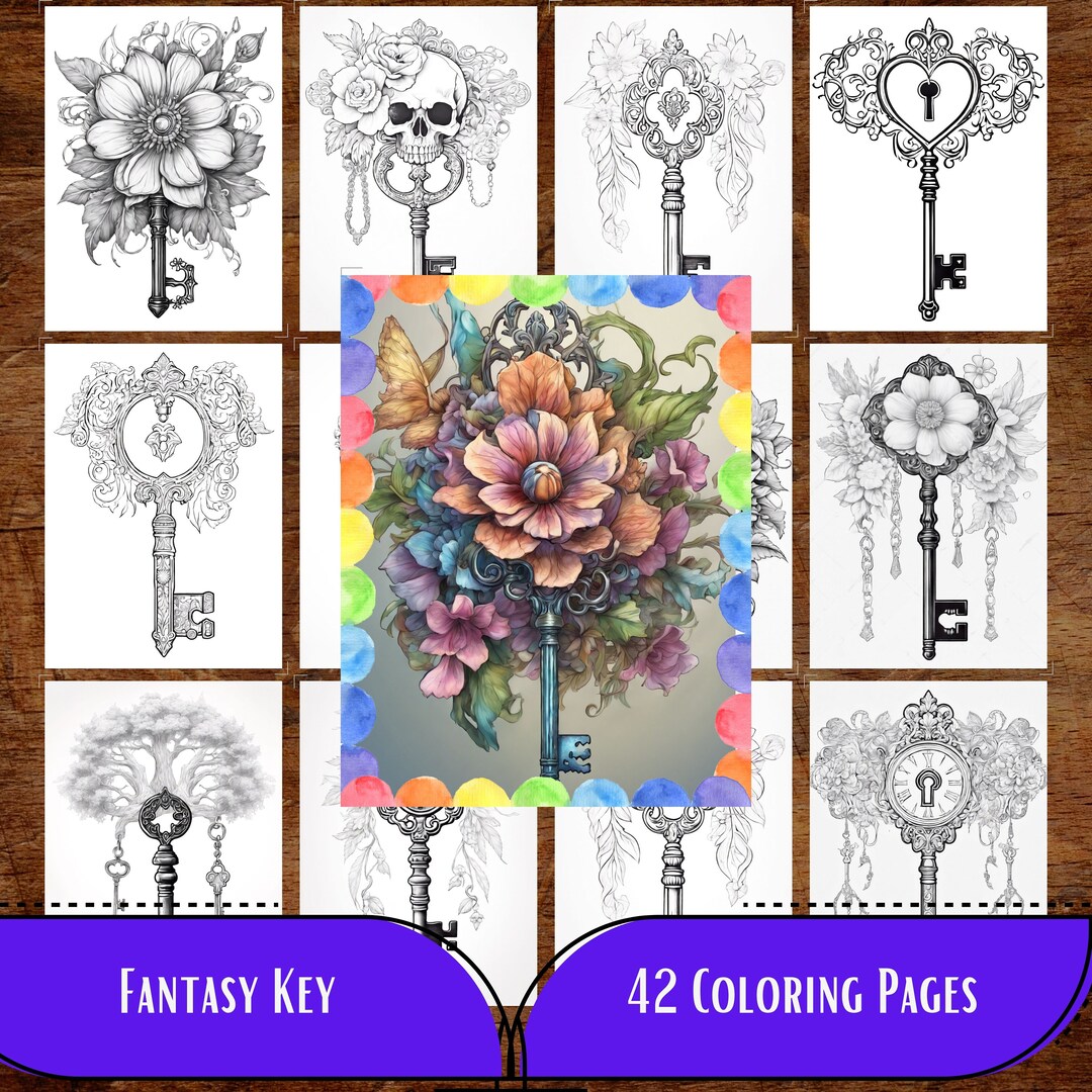 Fantasy Magical Keys Coloring Pages,flower, Skull,key and Heart Adult ...