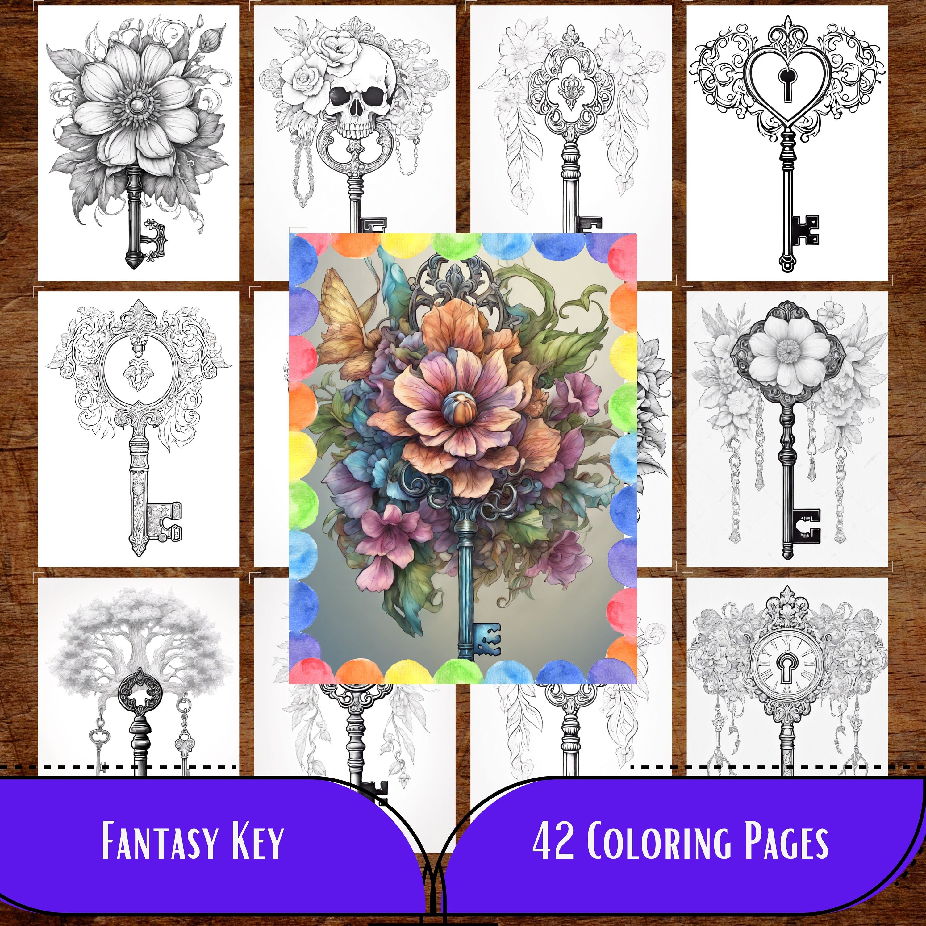 Fantasy Magical Keys Coloring Pages,flower, Skull,key and Heart Adult ...