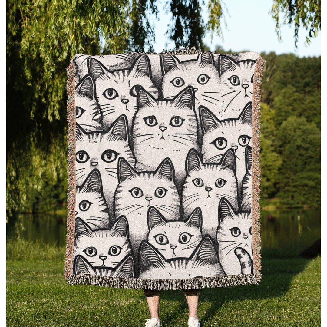 Cat Patern Woven Blanket 100% Cotton With Playful Feline Design Cozy ...