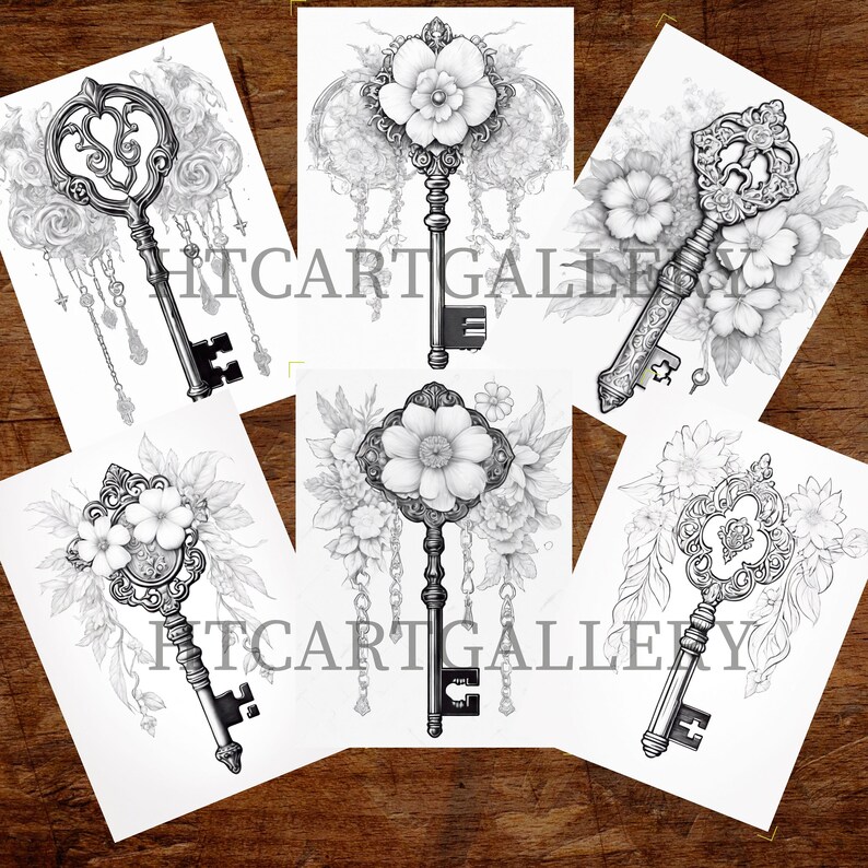 Fantasy Magical Keys Coloring Pages,flower, Skull,key and Heart Adult ...