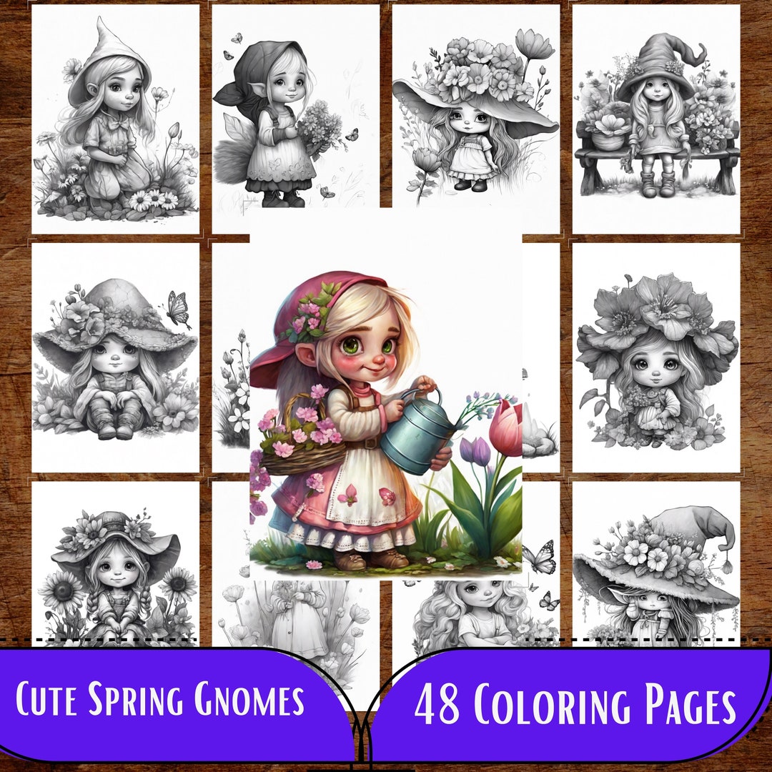 Cute Spring Gnomes Coloring Pages for Kids & Adults,fantasy Adorable ...