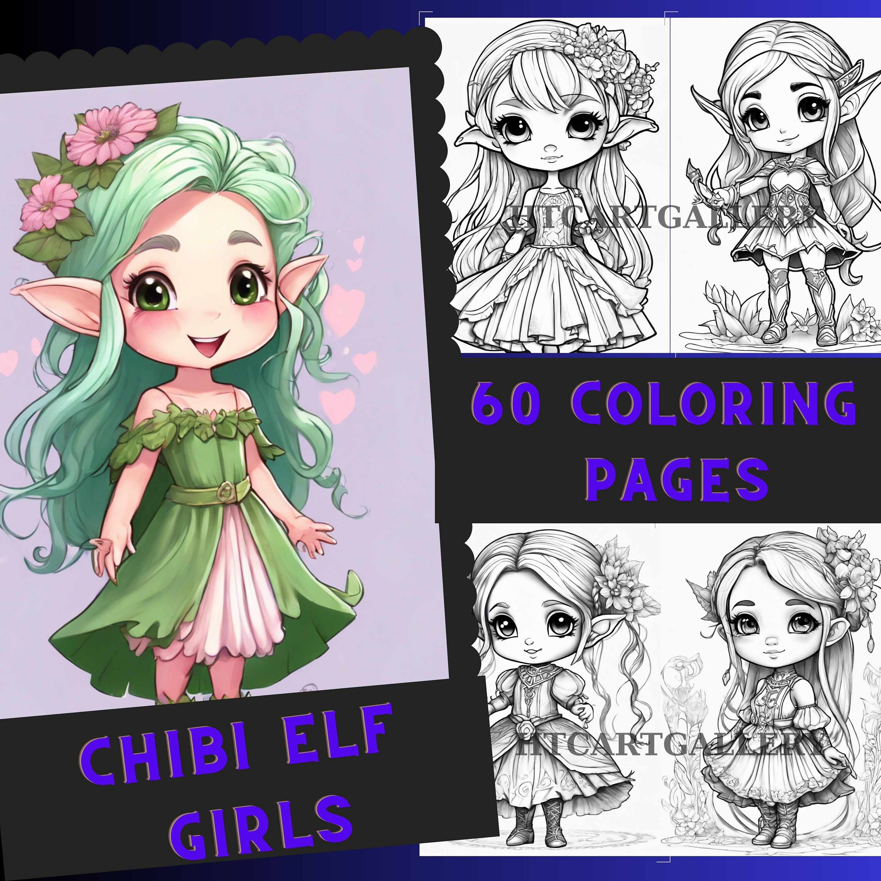 Anime Chibi Elf Girls Coloring Book Page,grayscale Manga Fantasy Famale ...