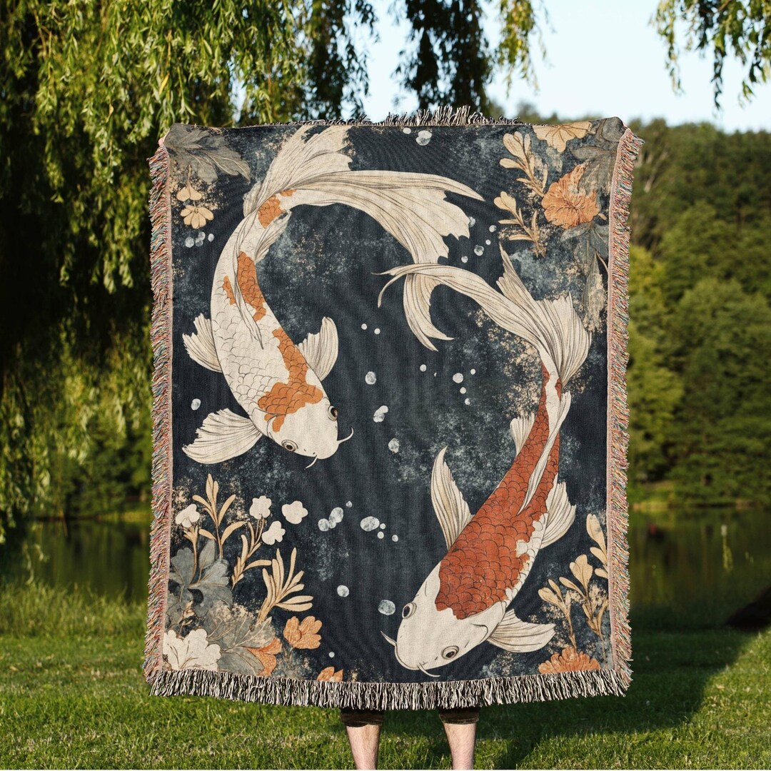 William Morris Style Koi Fish Pond Floral Fringe Woven Blanket,japanese ...
