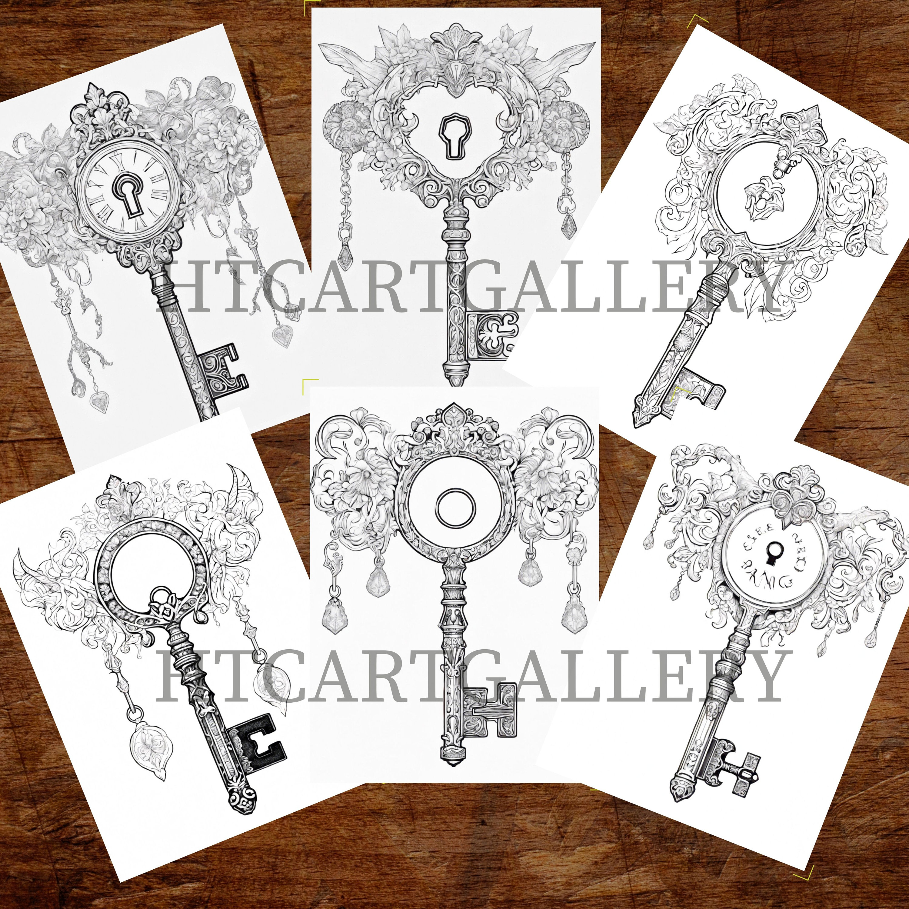Fantasy Magical Keys Coloring Pages,flower, Skull,key and Heart Adult ...
